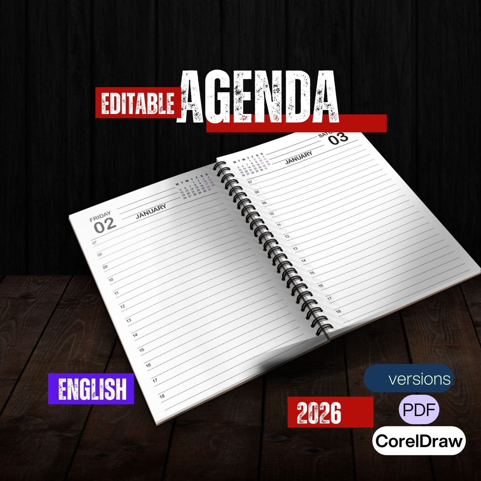 Miolo de Agenda em Inglês 2026 | Diária Editável CorelDraw - Modelo de ...